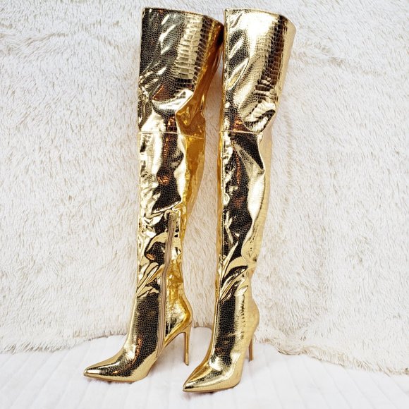 Mata | Shoes | Gold Patent Wide Top Thigh High Boots 4 Heels | Poshmark